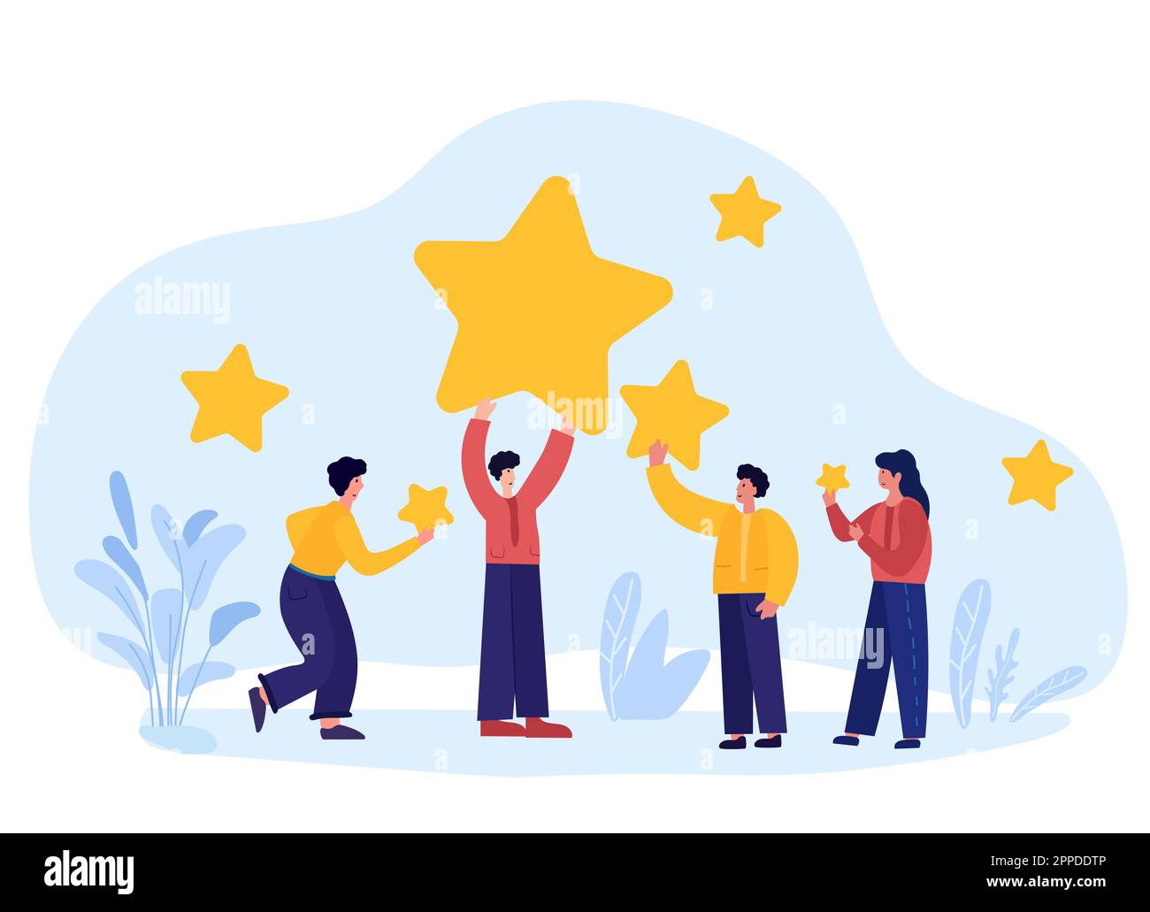 A vector illustration of people holding stars and giving a five-star ...