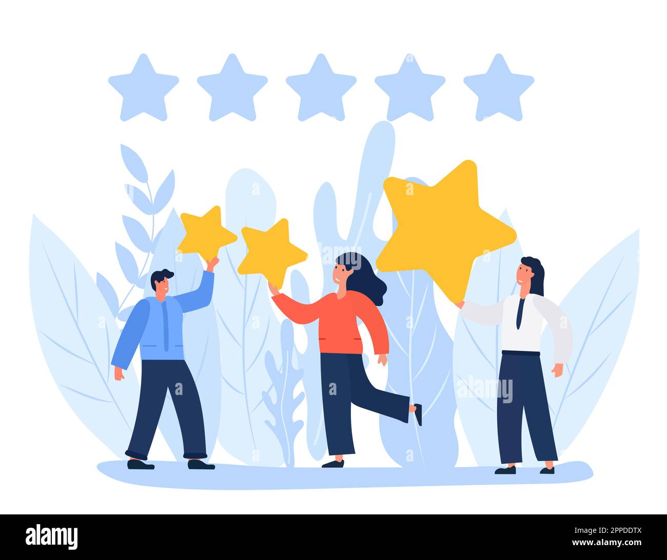 A vector illustration of people holding stars and giving a five-star ...