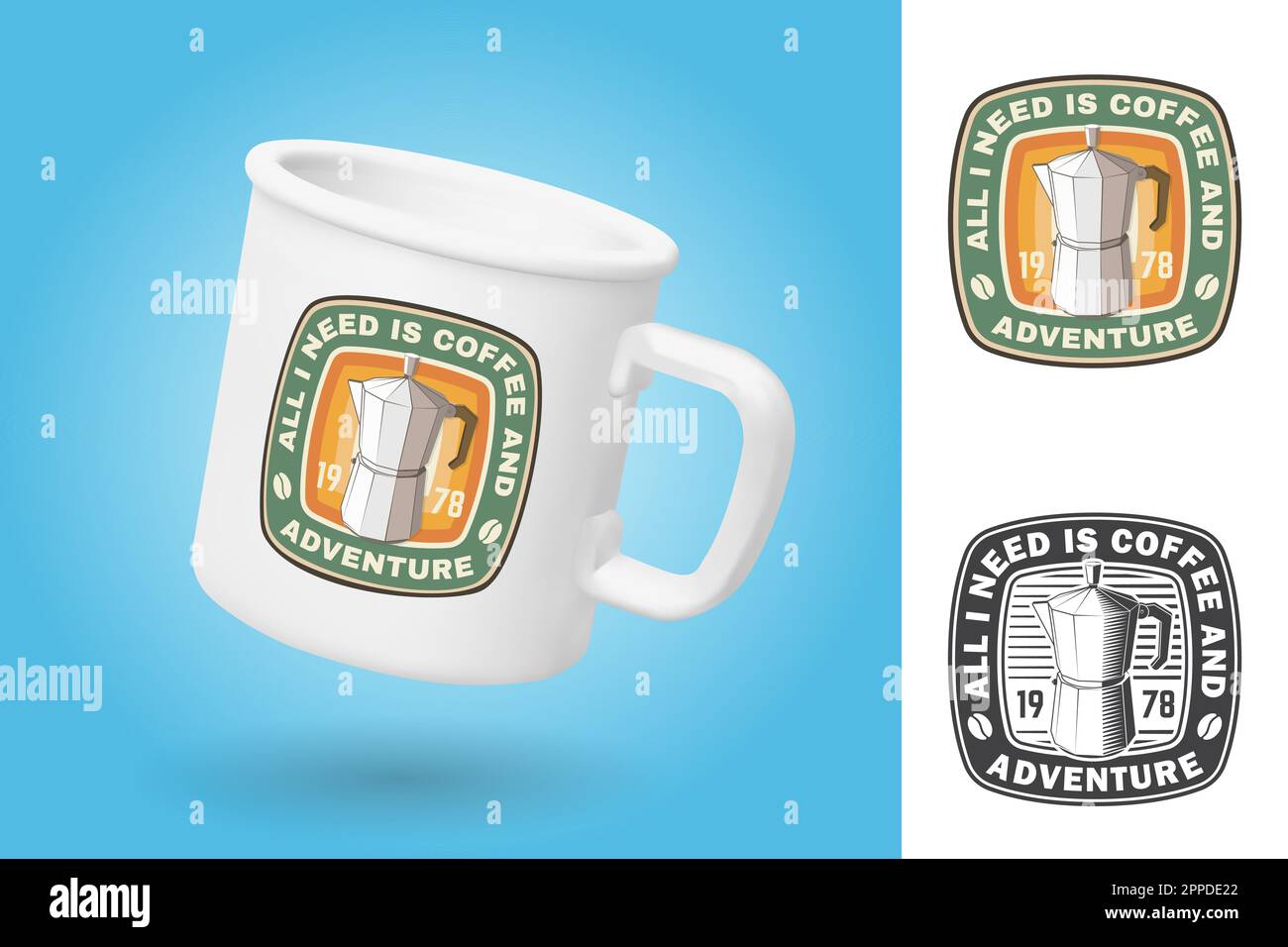 White camping cup. Realistic mug mockup template with sample design ...