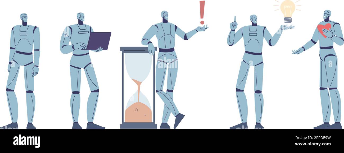 Flat isolated androids characters, robot with heart and laptop. Digital ...