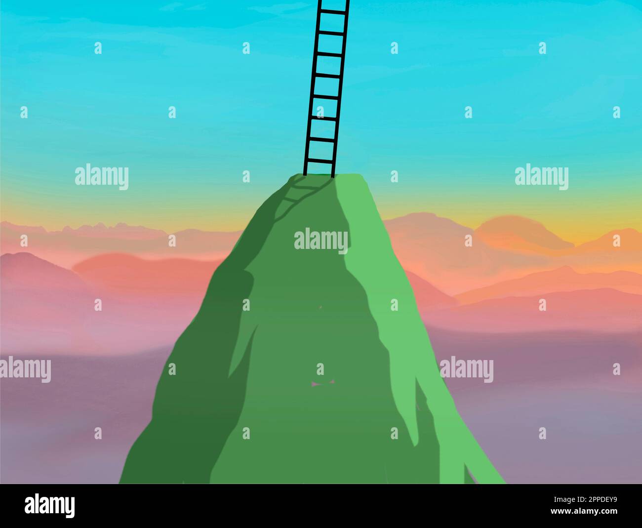 Illustration of ladder on green mountain peak Stock Photo - Alamy