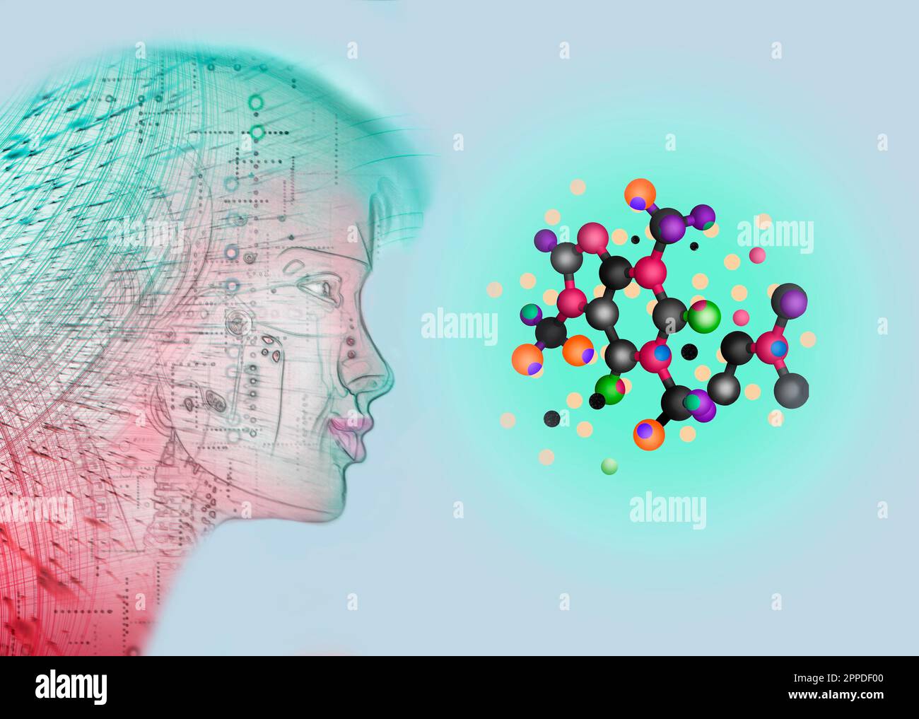 Illustration of gynoid looking at molecular structure Stock Photo - Alamy