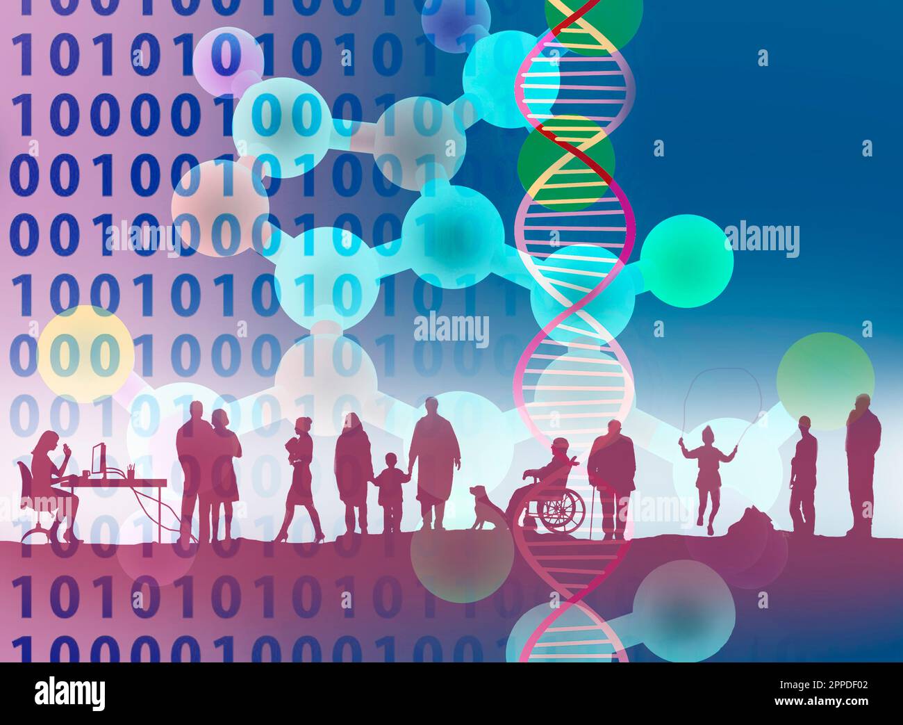 Illustration of diverse people superimposed with scientific elements ...