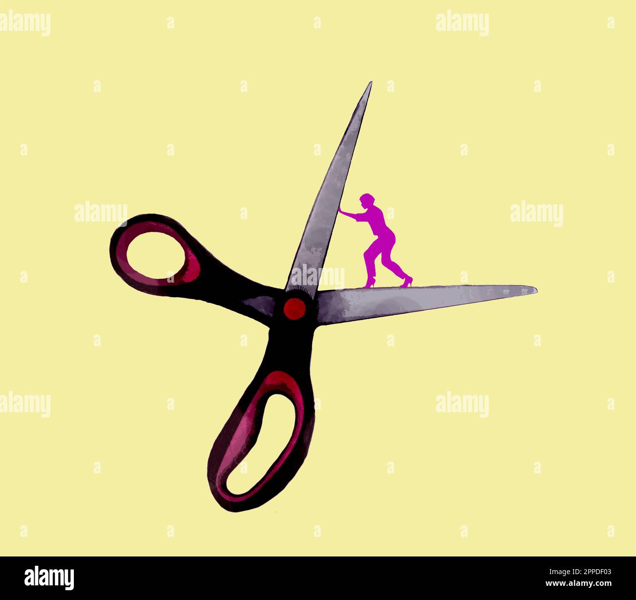 Illustration of woman standing on scissor blade Stock Photo - Alamy