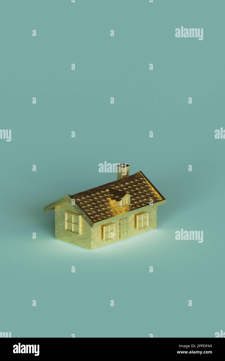 Three dimensional render of gold colored house standing against ...