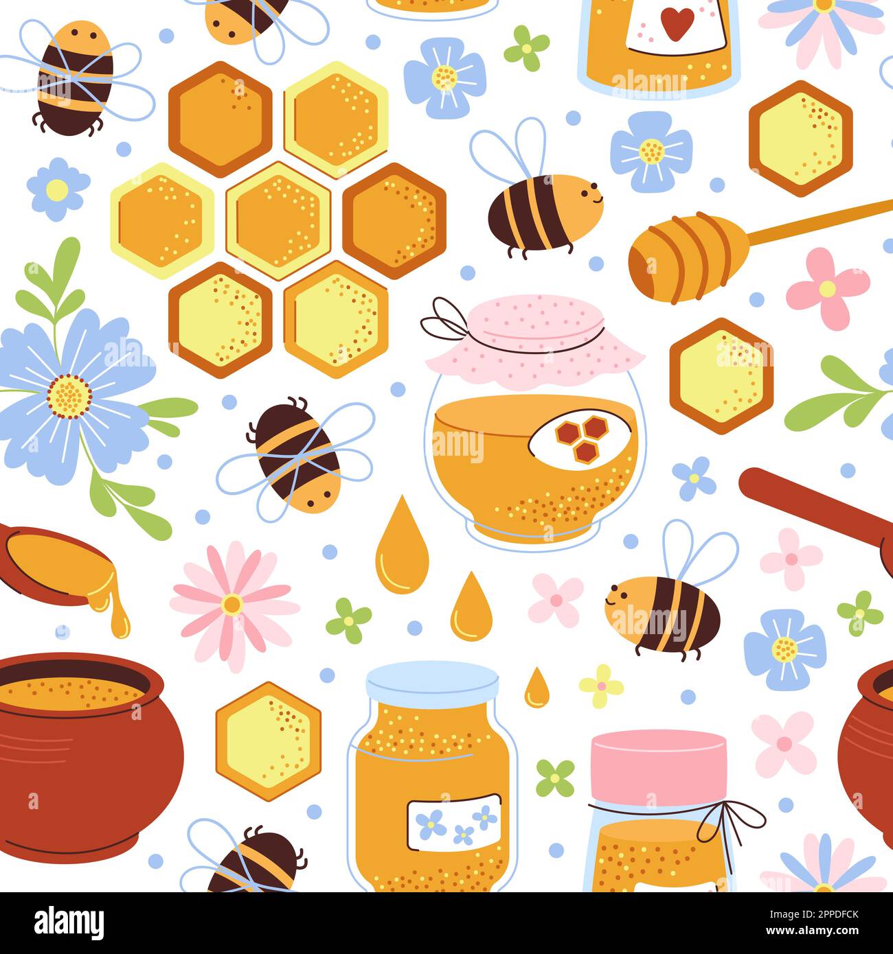 Honey sweet seamless pattern. Bee on meadow, beekeeping. Natural ...