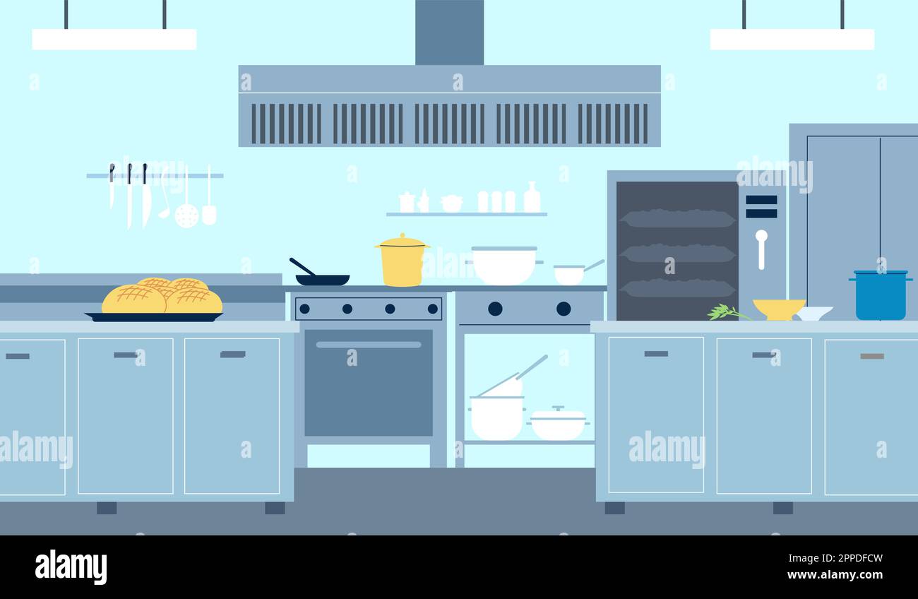 Kitchen professional cooking. Pans and pots, raw and bakery. Restaurant ...