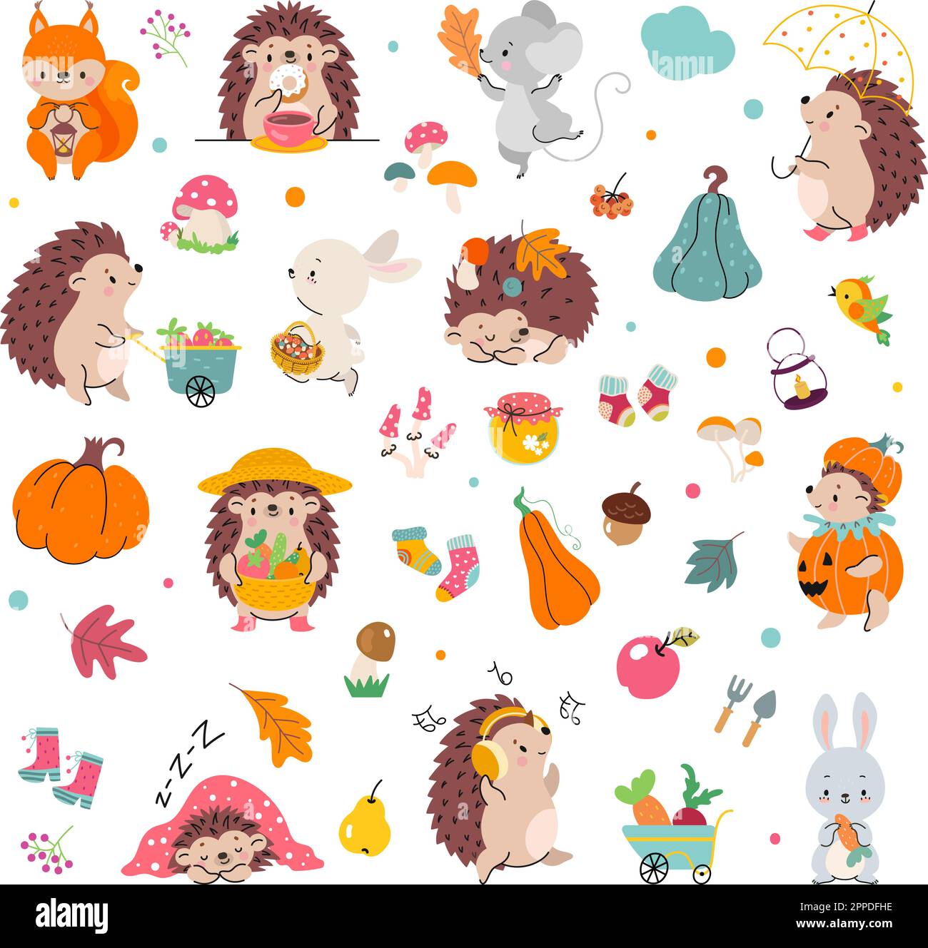 Hello autumn elements. Cartoon mushroom, pumpkin and animals. Hedgehog ...
