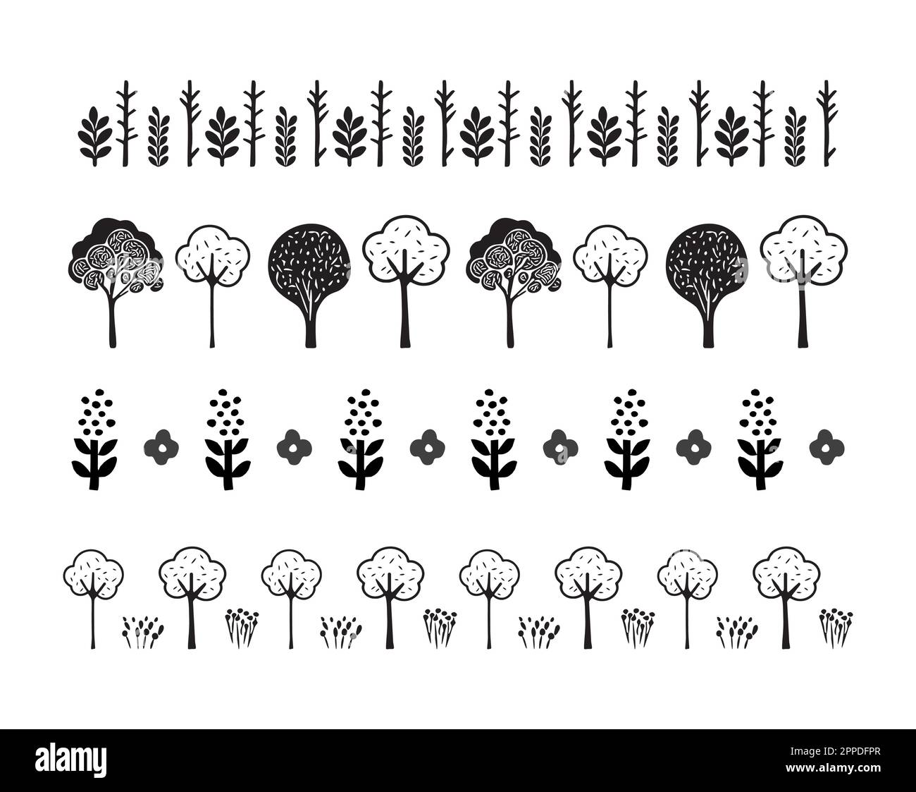 Collection of woodland tree scandi linocut vector border. Washi tape design in forest block ...