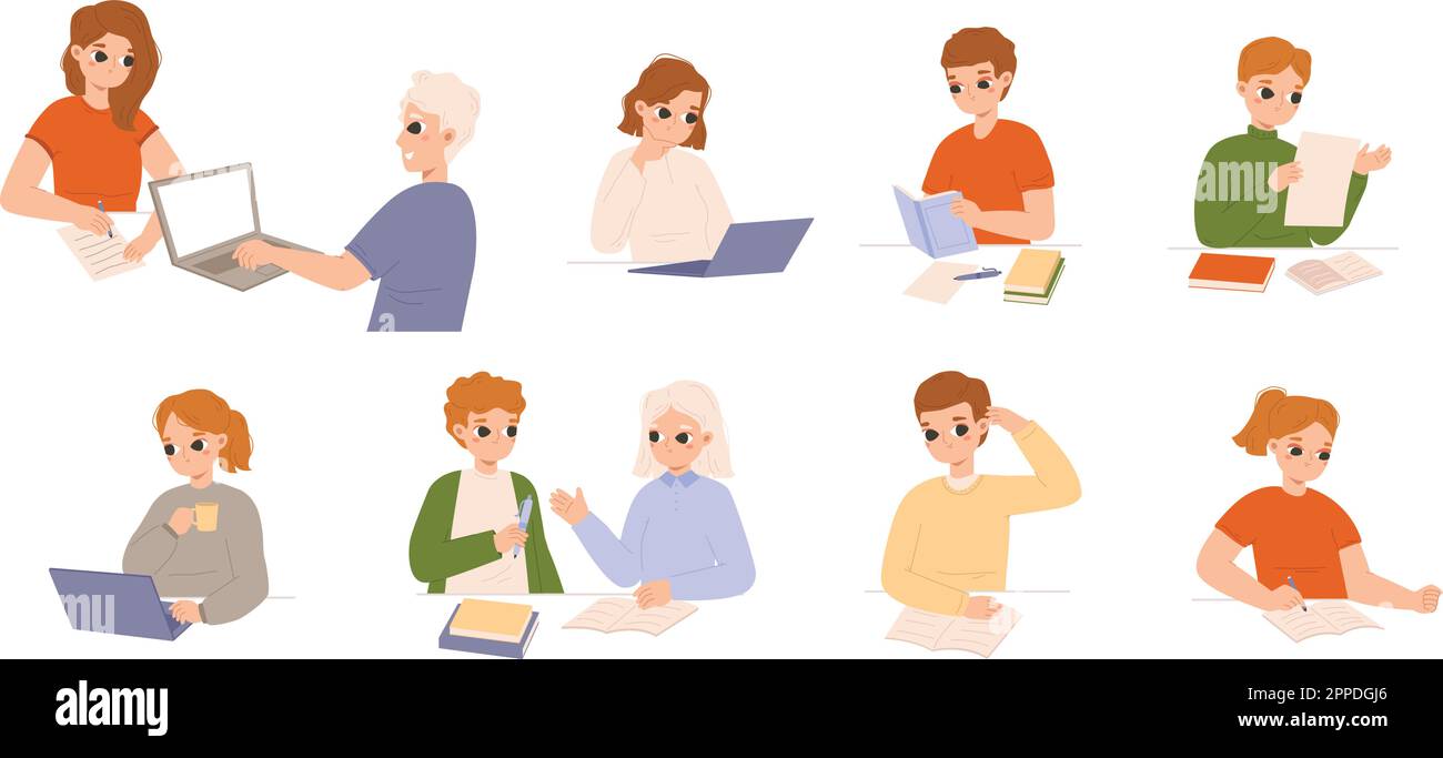 University or college students study at desk. Cartoon teenagers prepare ...