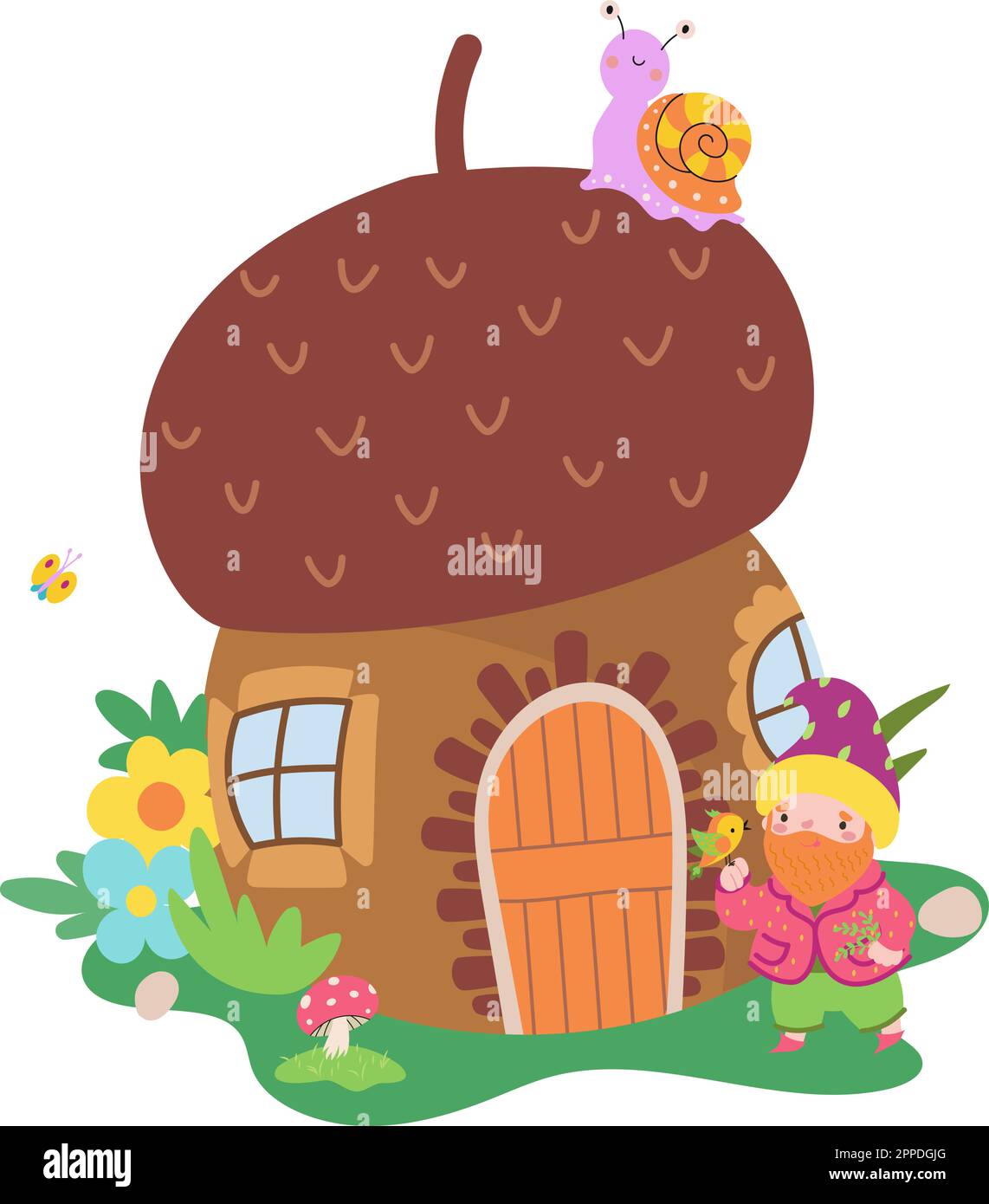 Mushroom house and dwarf, snail and bird. Cartoon magic childrens print ...