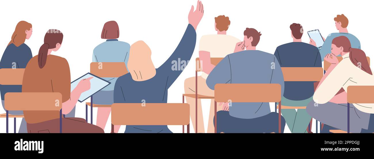 Spectators or audience, students sitting on chairs on lecture. Flat ...