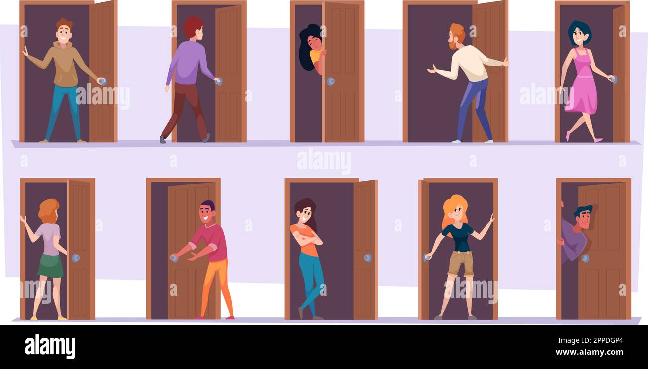 Doorway. People standing in room entrance exact vector cartoon ...