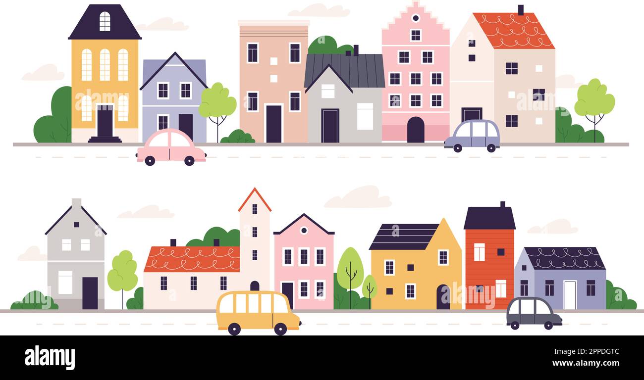 Urban street with house, suburban neighborhood with apartment buildings ...