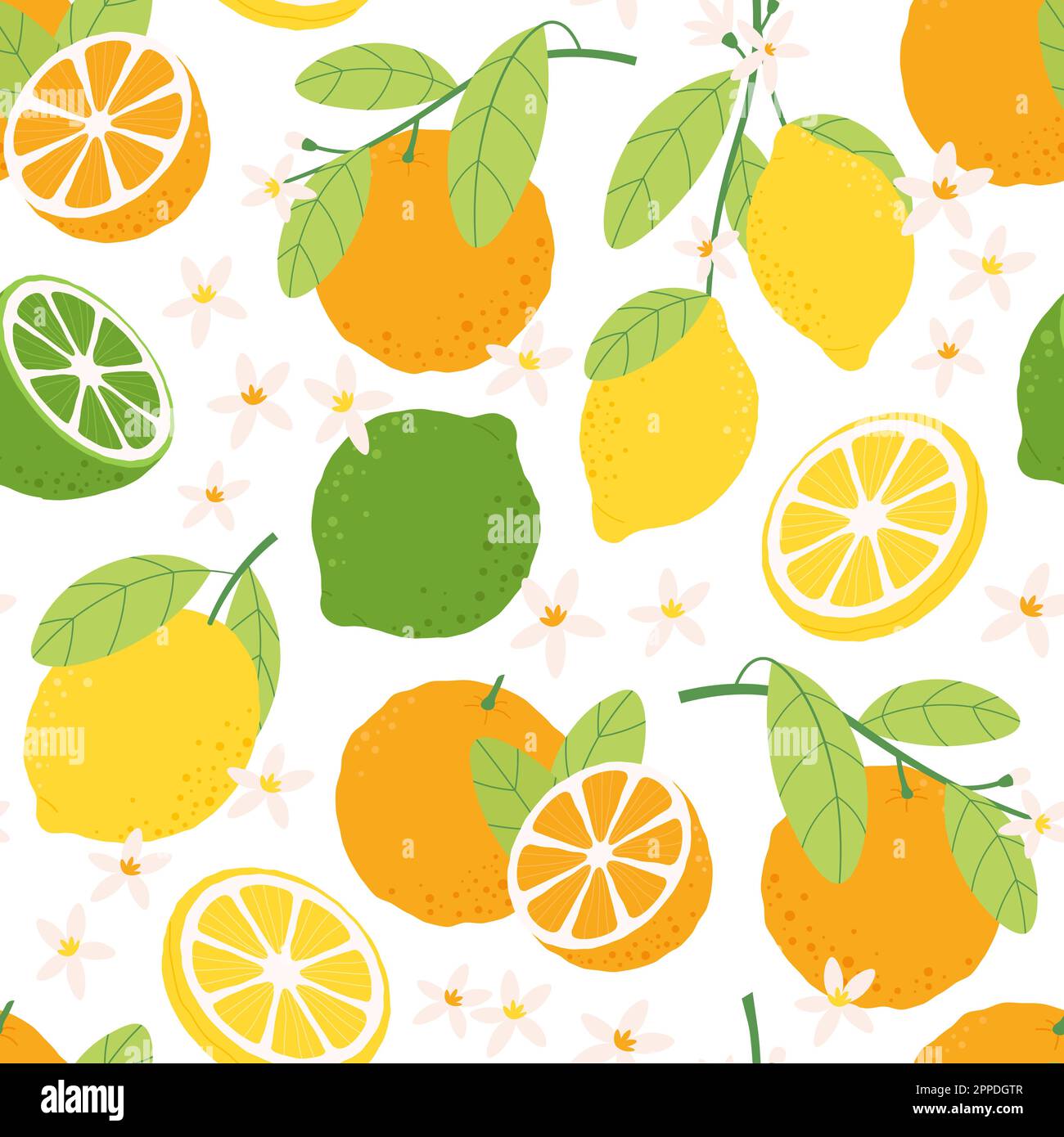 Citrus lemon seamless pattern. Print oranges and limes, decorative bright summer background ...