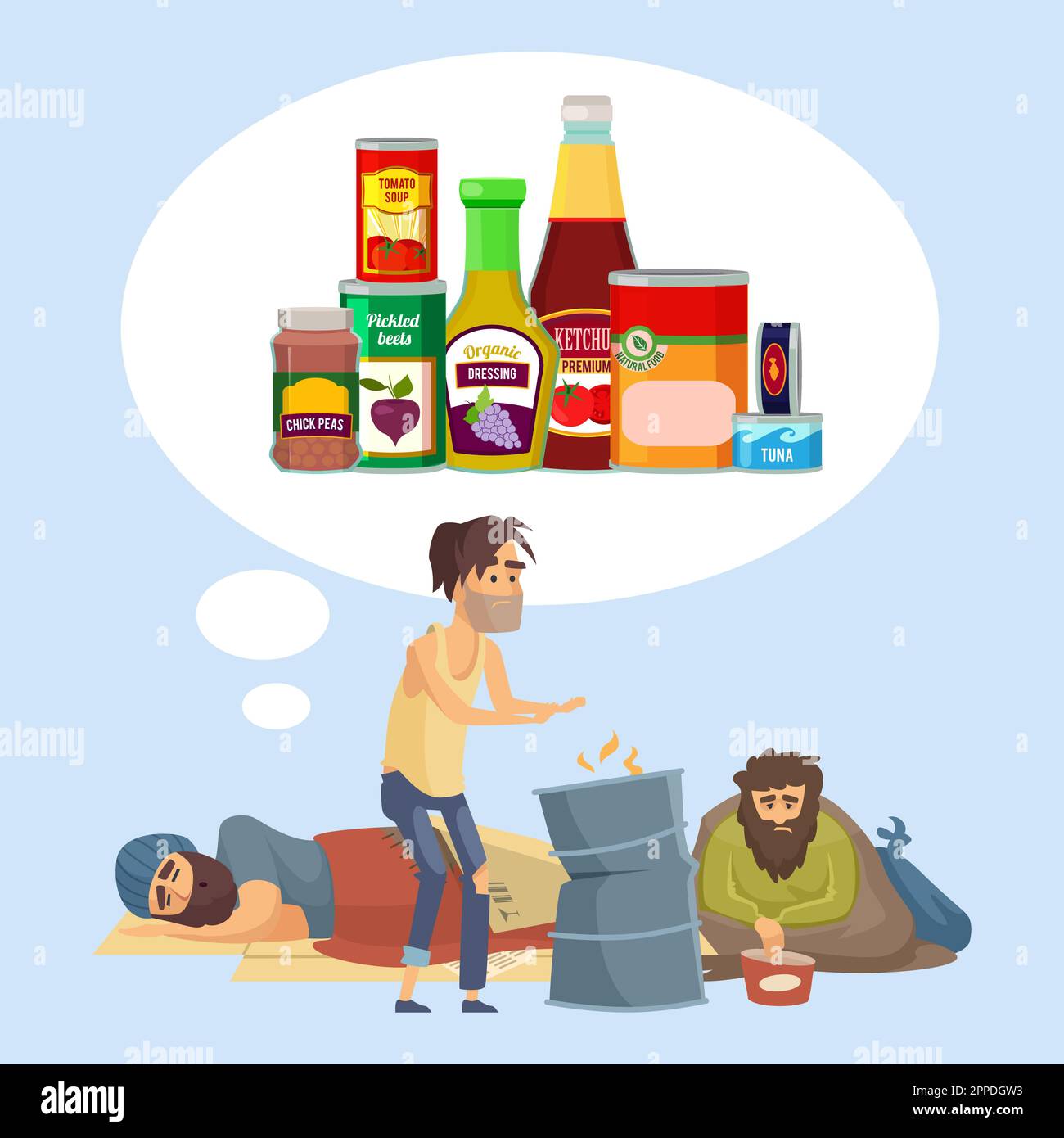 Homeless people. poor persons have mind about foods. Vector concept ...