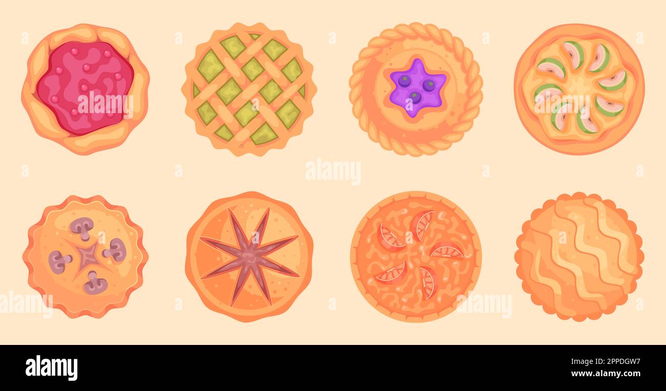 Pie top view. Cooked tasty round food pastry pie desserts exact vector ...