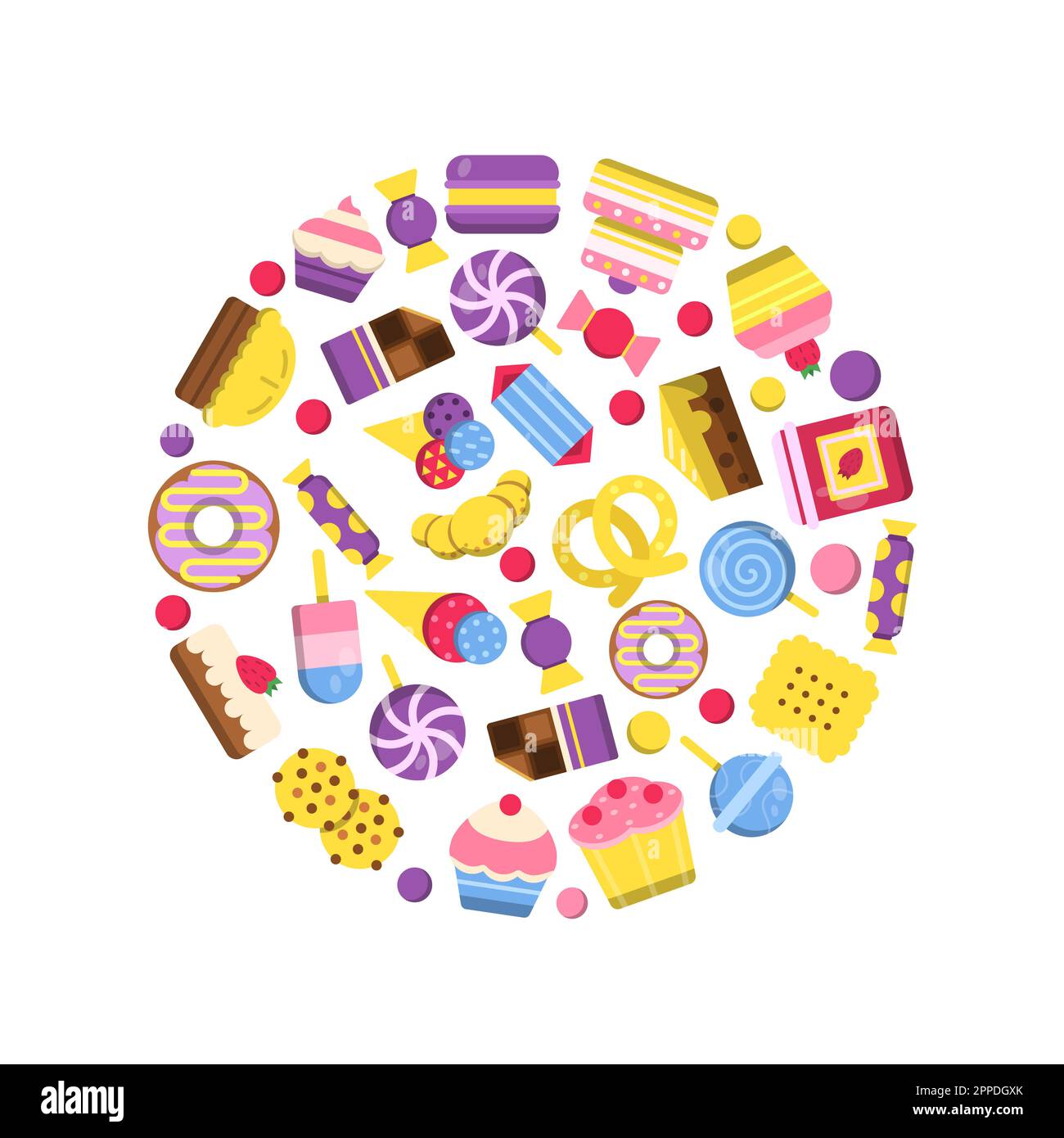 Sweets circle. delicious food cakes lollipop sweets illustrations designed in circle shape ...