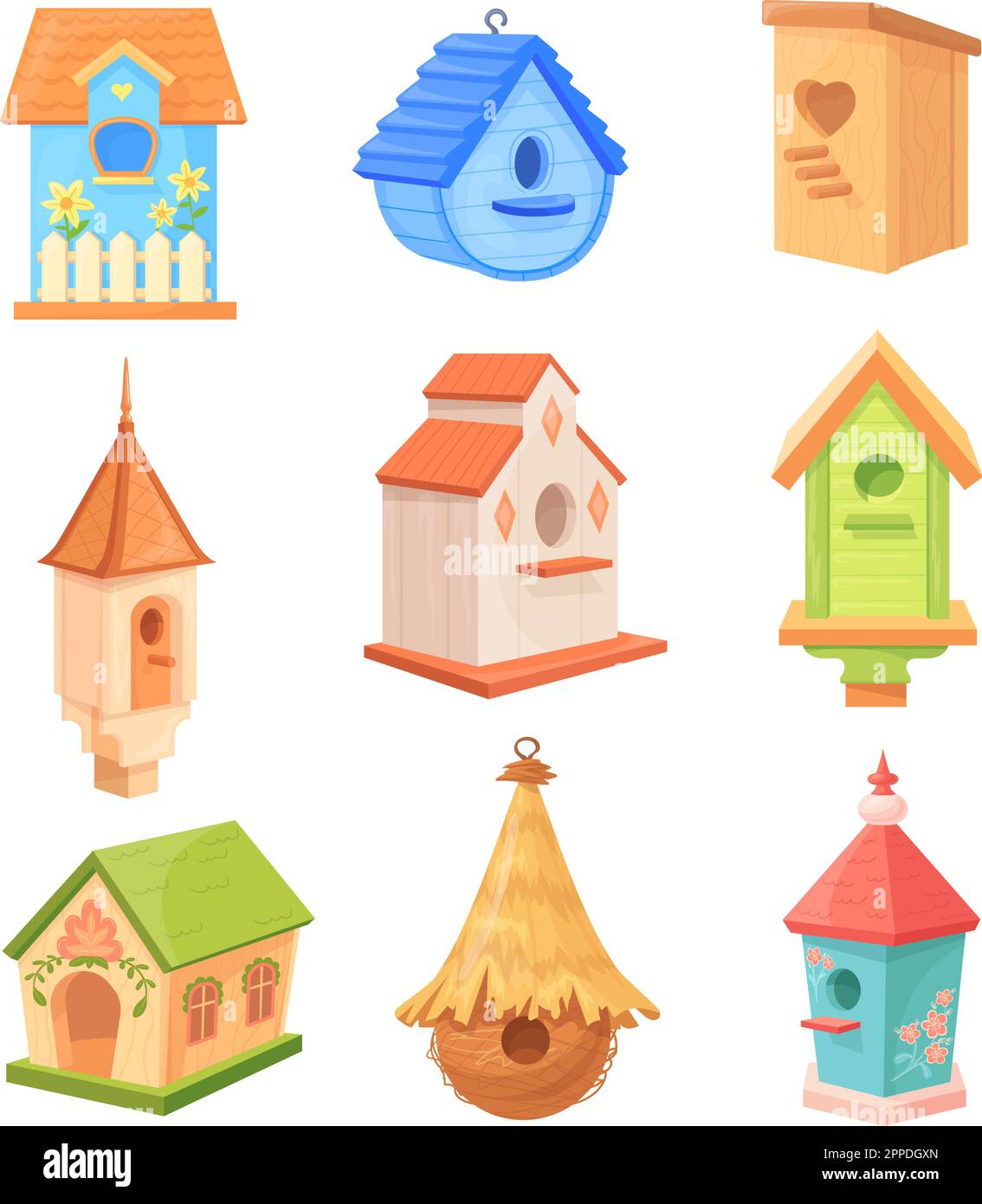 Cartoon birdhouses. Homemade nest for bird spring or autumn house, cute ...