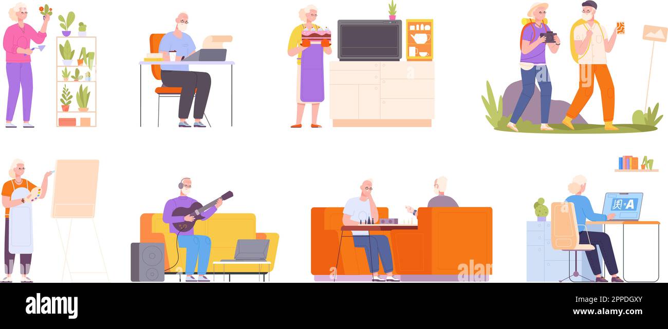 Elderly people hobby. Elder human enjoying retirement, retired seniors ...