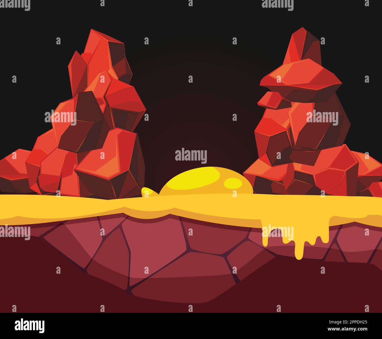 Lava cave background with rock and flowing liquid lava. Vector picture ...