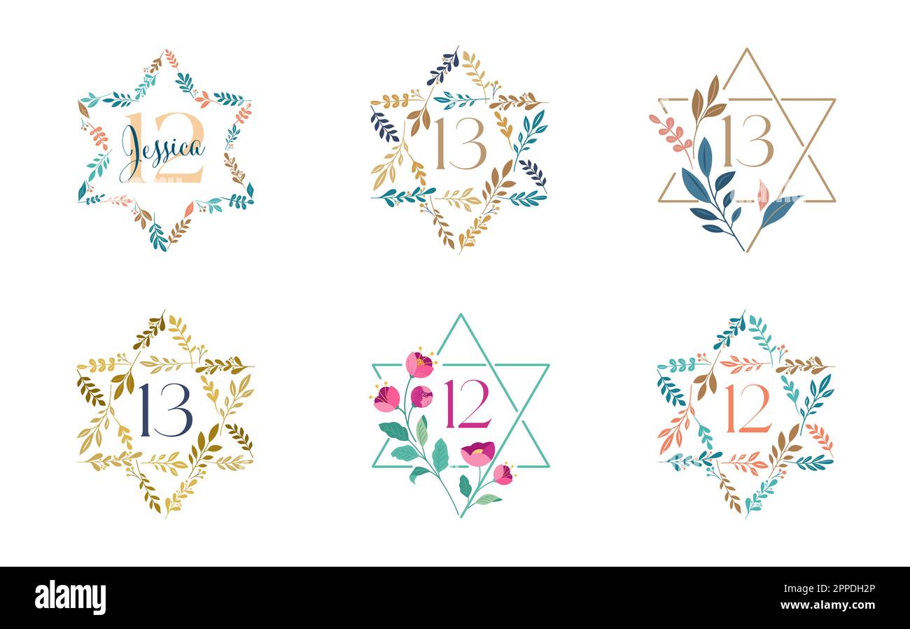 Jewish symbol. Star of David with leaves, flowers collection. Bat and ...