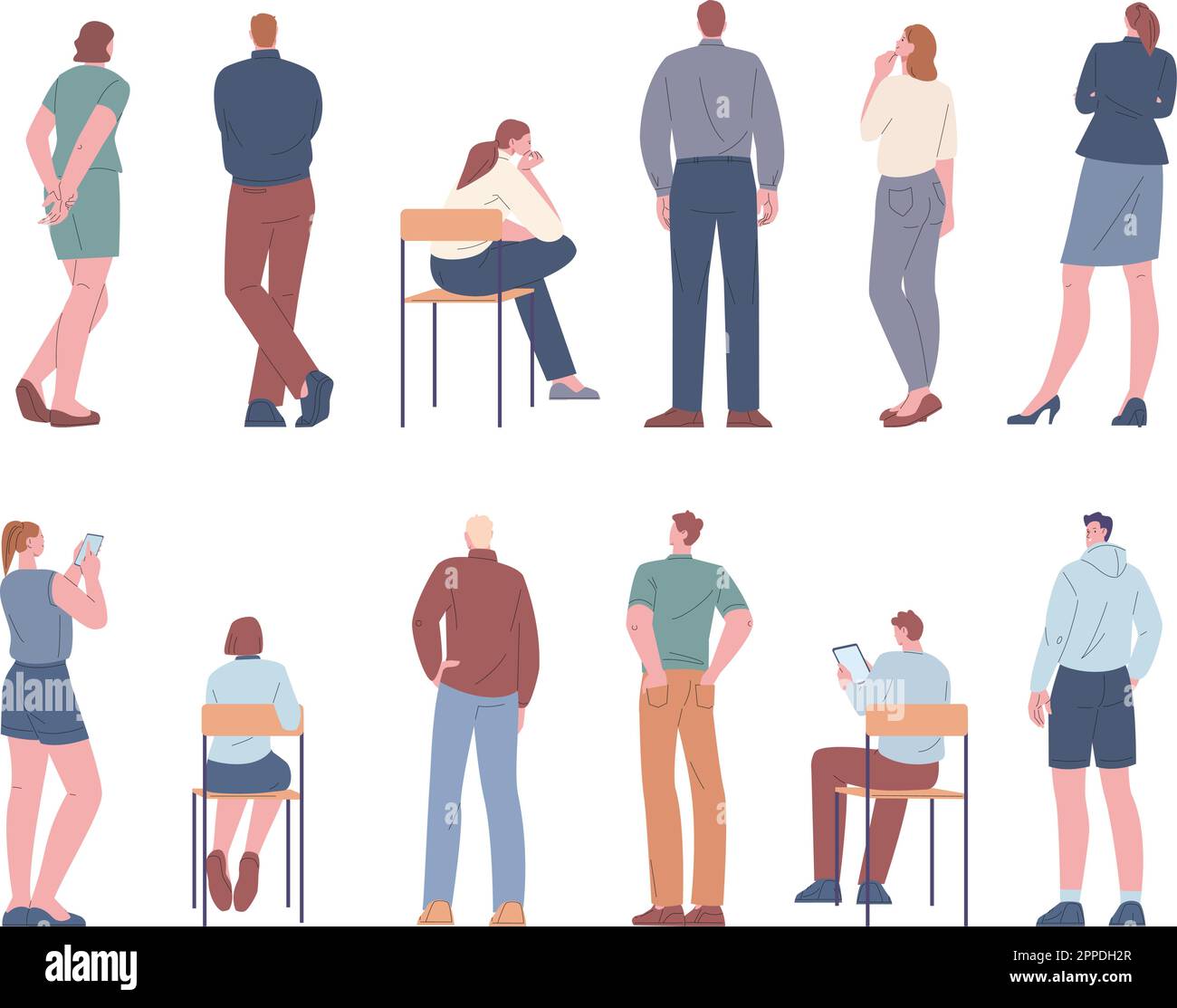 People in different poses, standing and sitting on chairs rear view ...