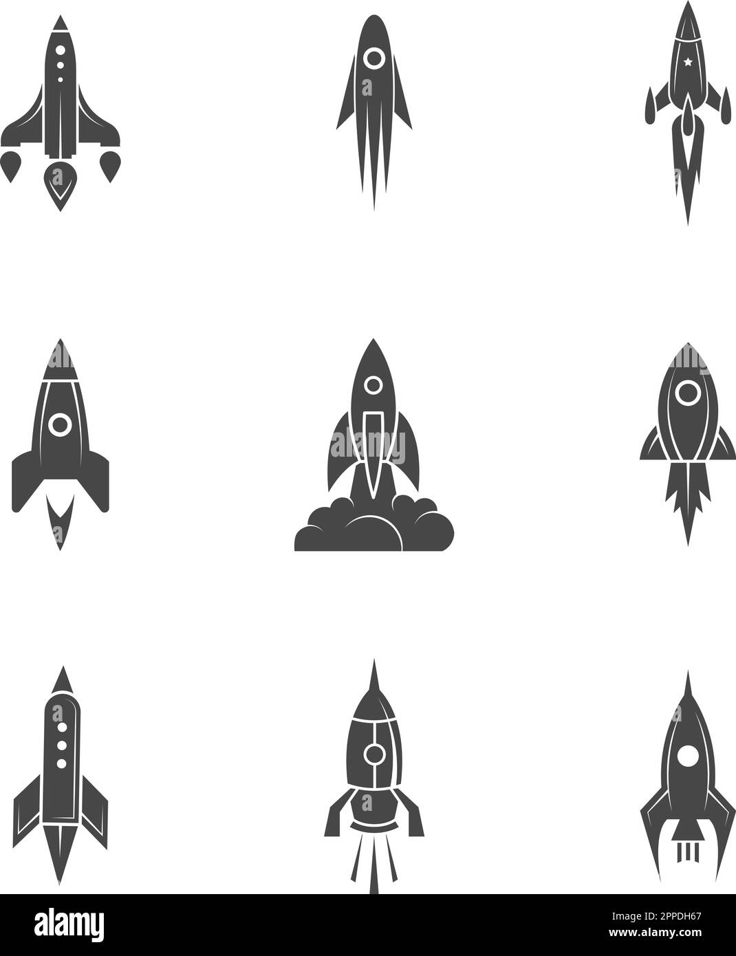 Spaceship icons. Rocket symbols, speed launched space ships silhouettes ...