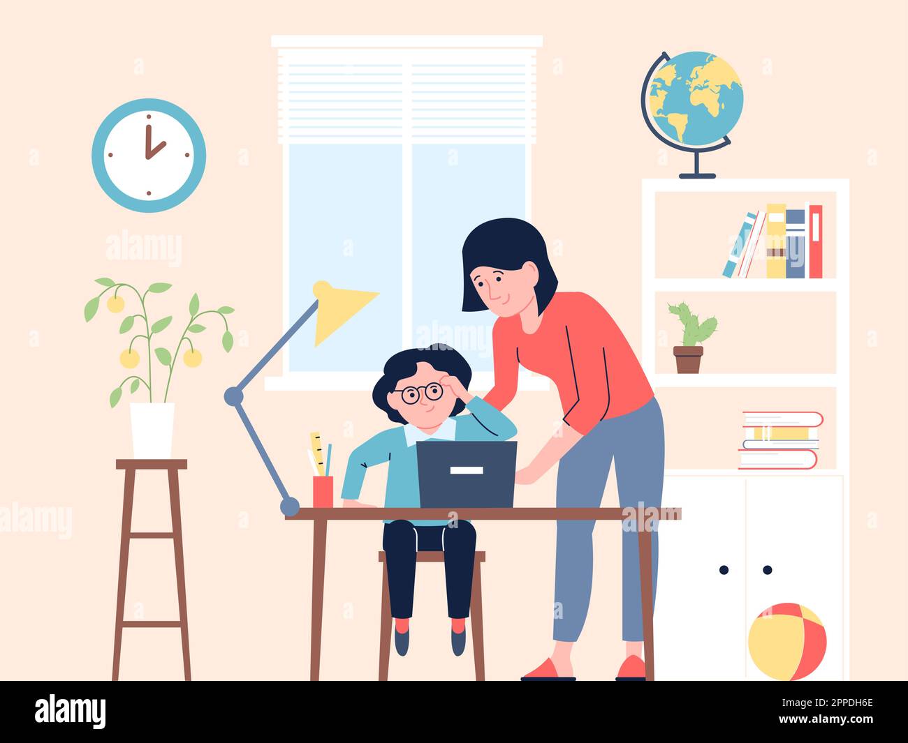 Home education, parent teaching child. Mother explain homework to son ...