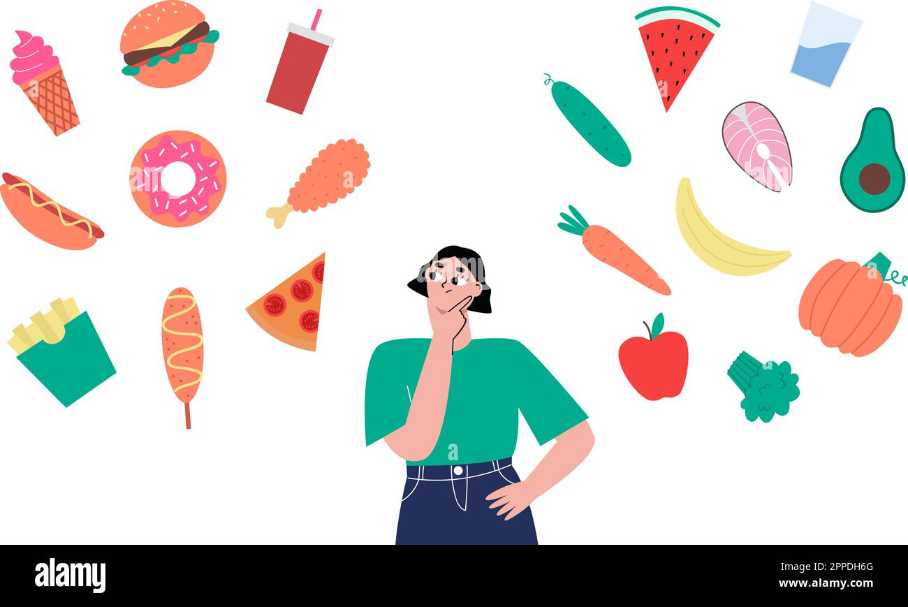 Healthy vs fast food, nutrition bad and good. Woman thinking about menu ...