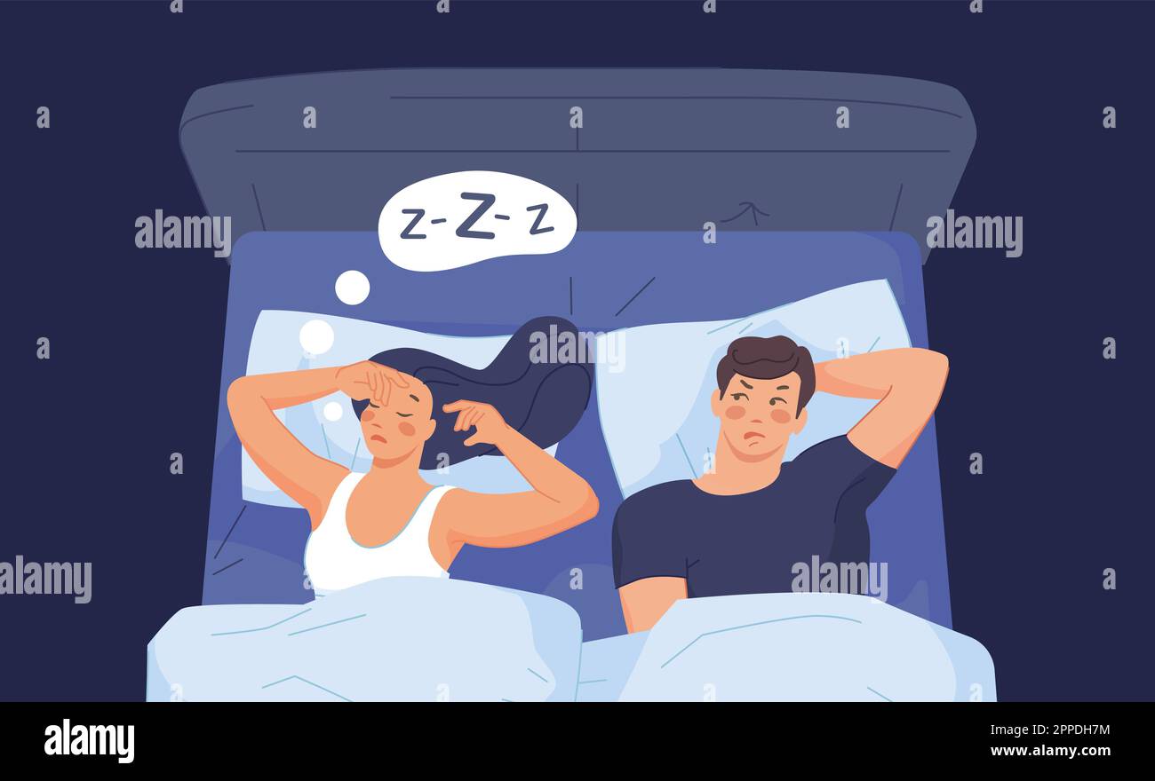 Snoring woman. Snorer sleeping wife and annoyed husband on pillow bed ...