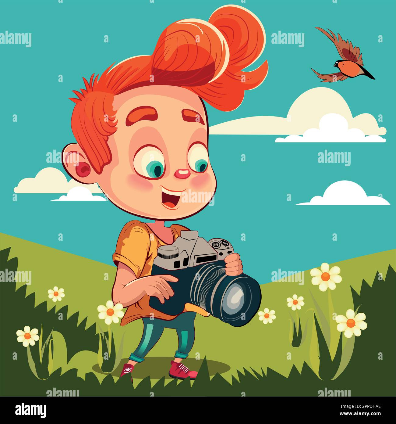 Vector Illustration of a Kid Boy taking pictures using a Digital Camera ...