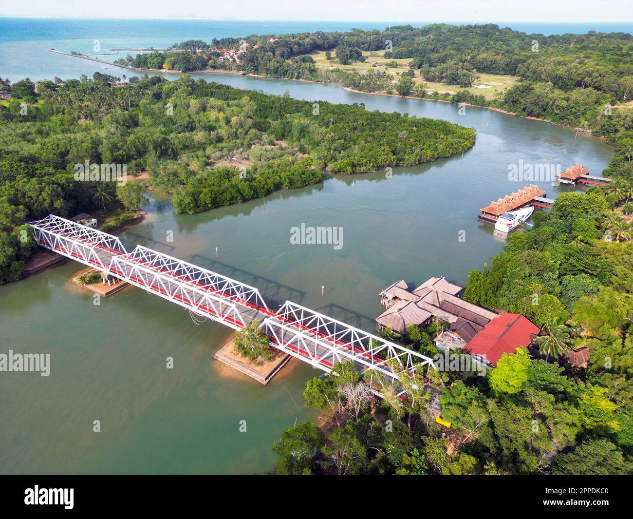 Batam Indonesia - Drone view Nongsa Pura Bridge and Nongsapura Ferry ...