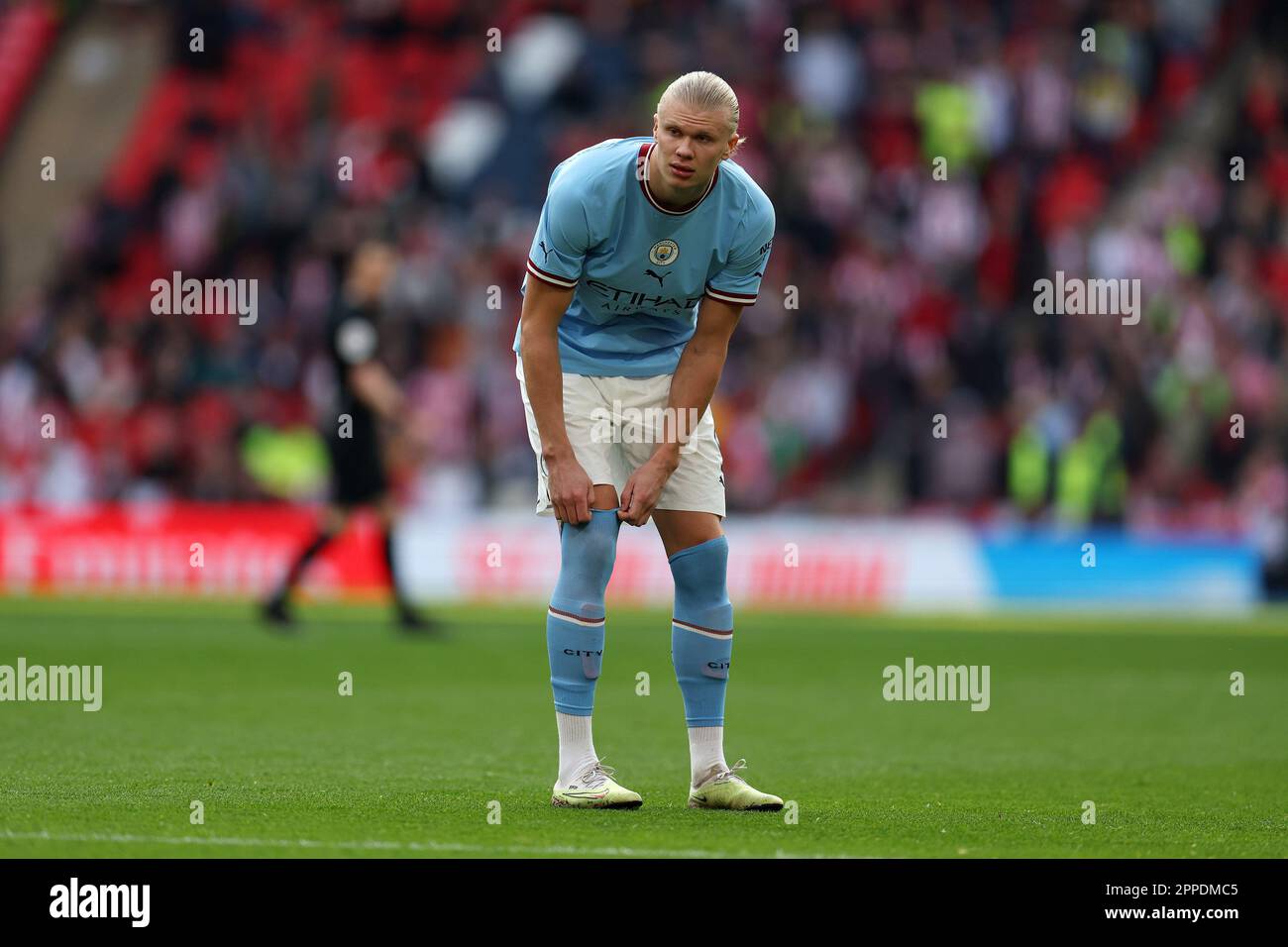 London, UK. 22nd Apr, 2023. Erling Haaland of Manchester City pulls his ...