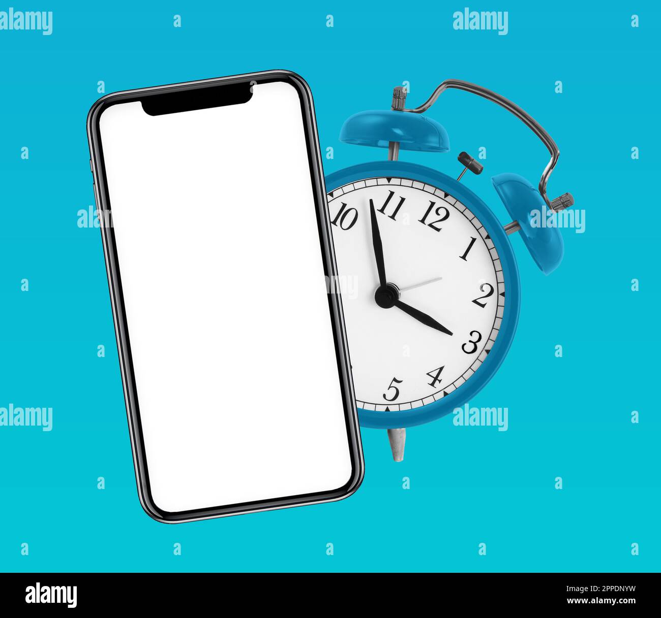 Alarm clock behind phone screen on blue background Stock Photo - Alamy