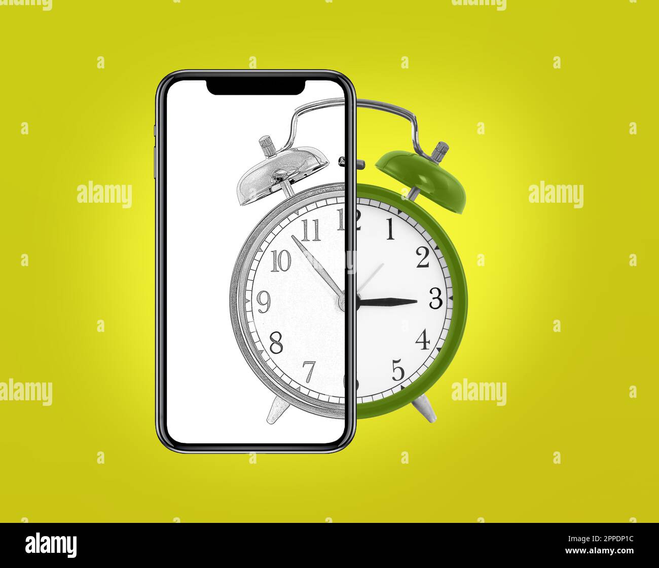 Green alarm clock with half sketch clock peek out from phone screen ...
