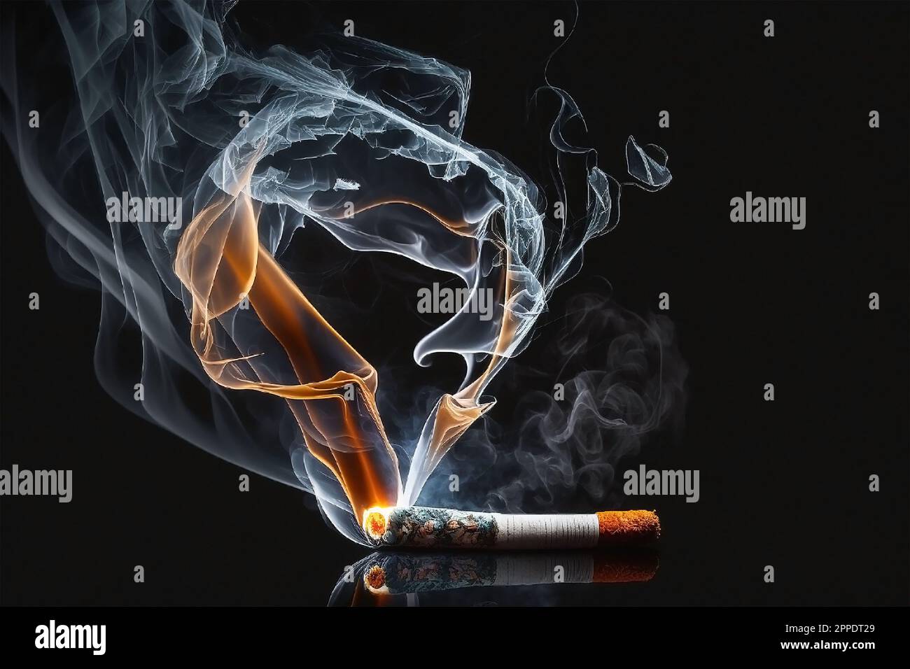 Smoking cigarette, cigarette burning and tobacco smoke, dark background ...