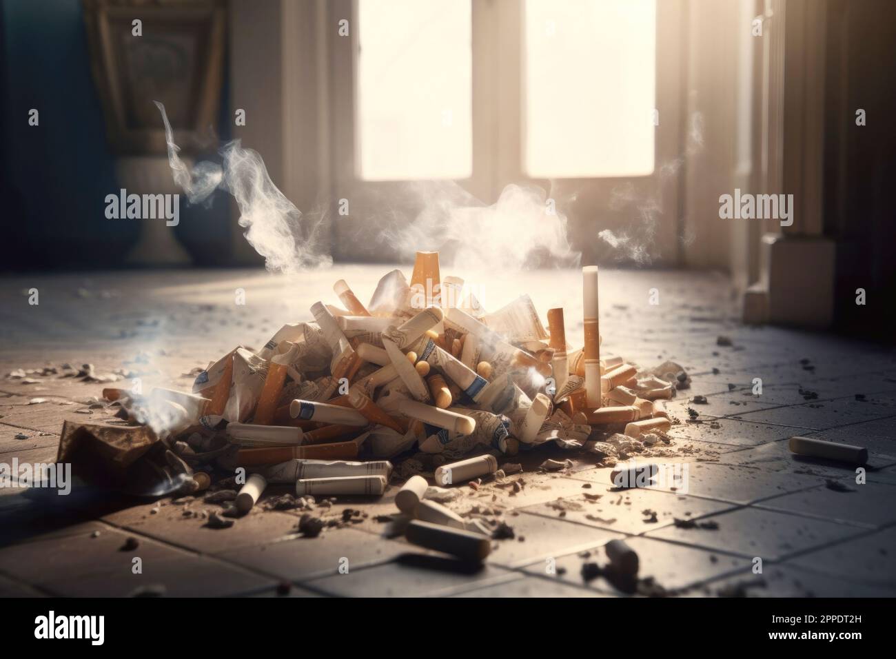 A pile of extinguished and crumpled cigarettes, cigarette burning and ...