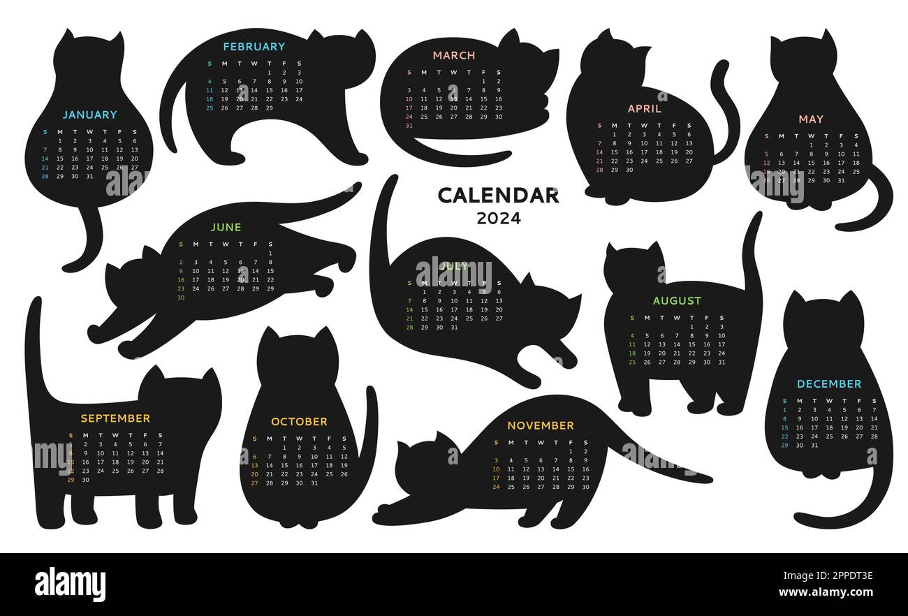 Cats silhouette with Calendar 2023 template set. Monthly calendar cute ...
