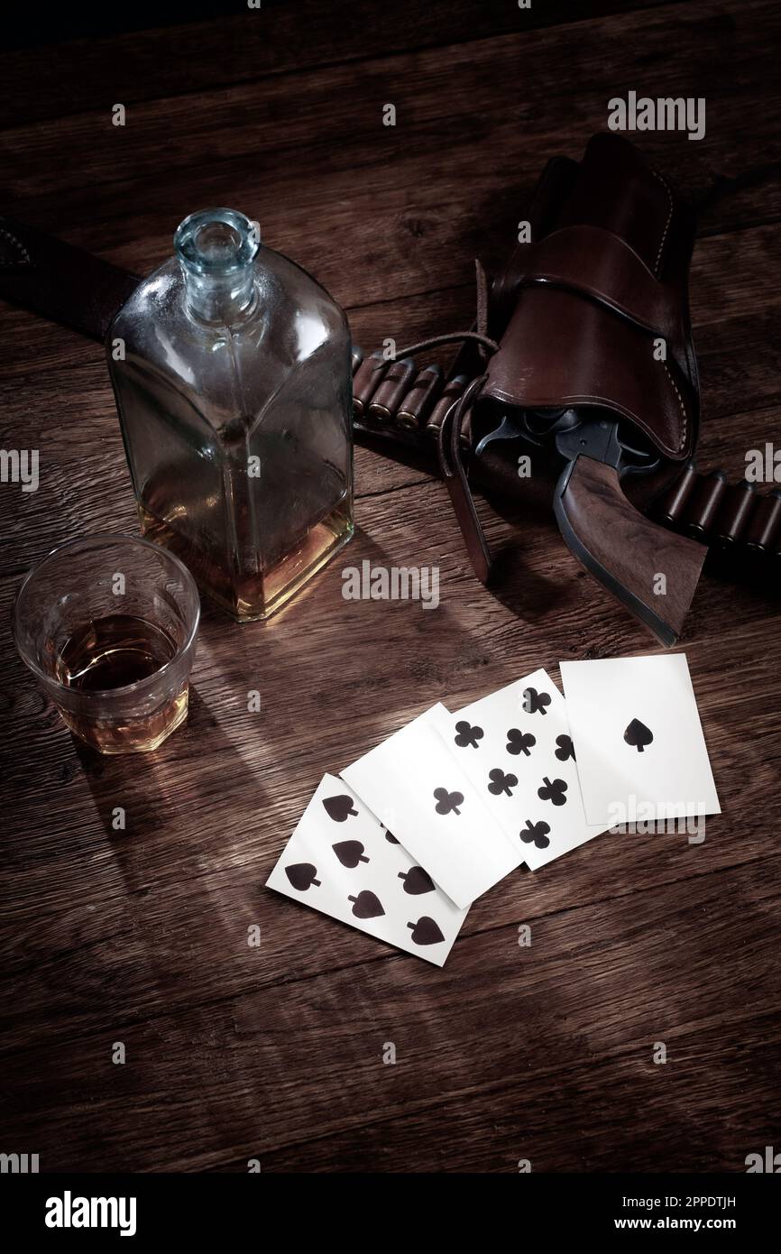 Old west gambling. Dead man's hand. Two-pair poker hand consisting of the black aces and black ...