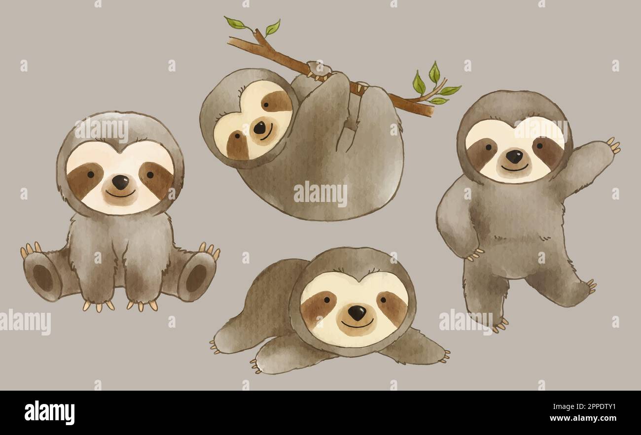 Sloth bear . Watercolor painting design . Set of cute animal cartoon ...