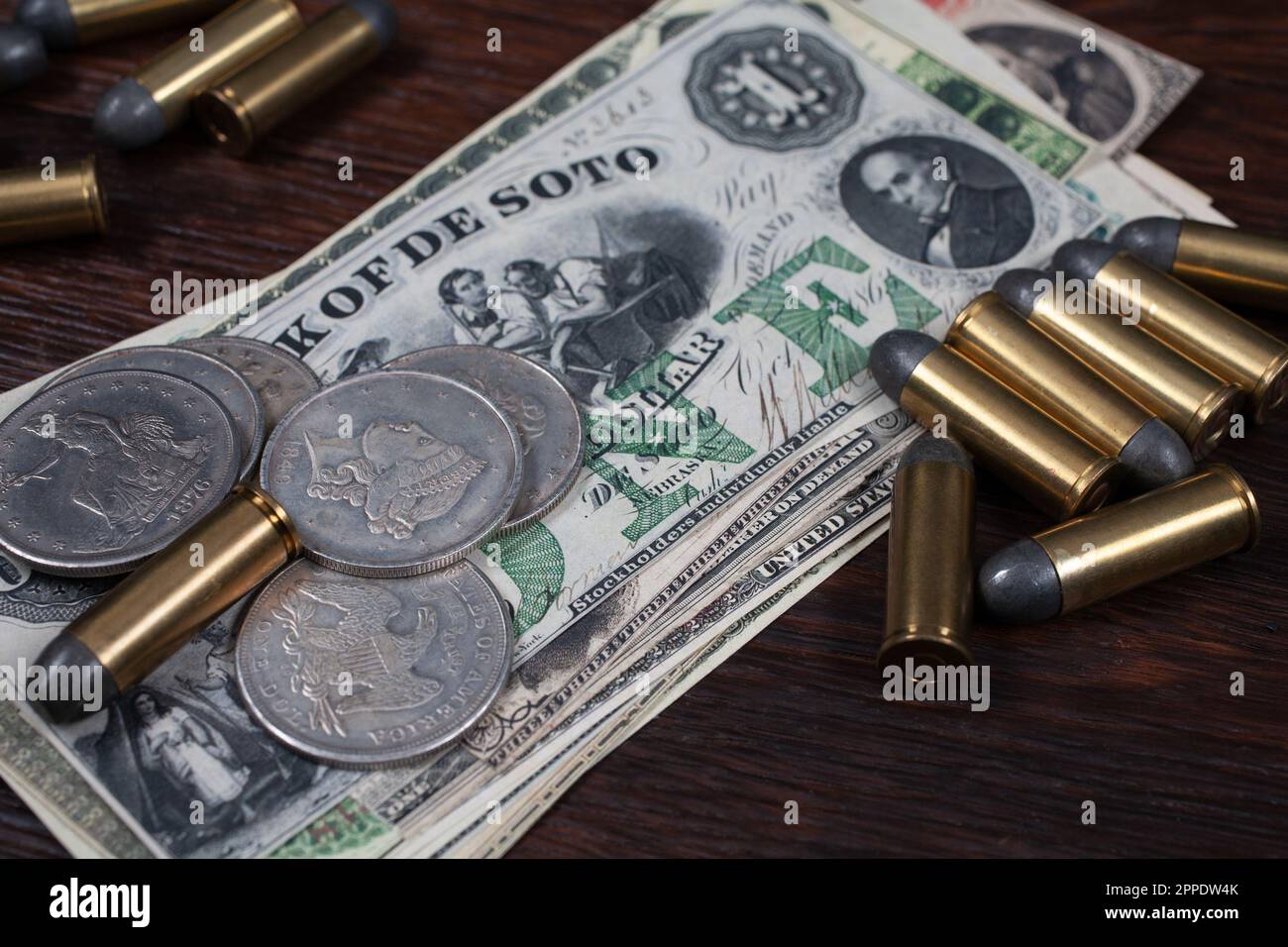 Old west period US banknotes and silver certificates with silver dollar ...