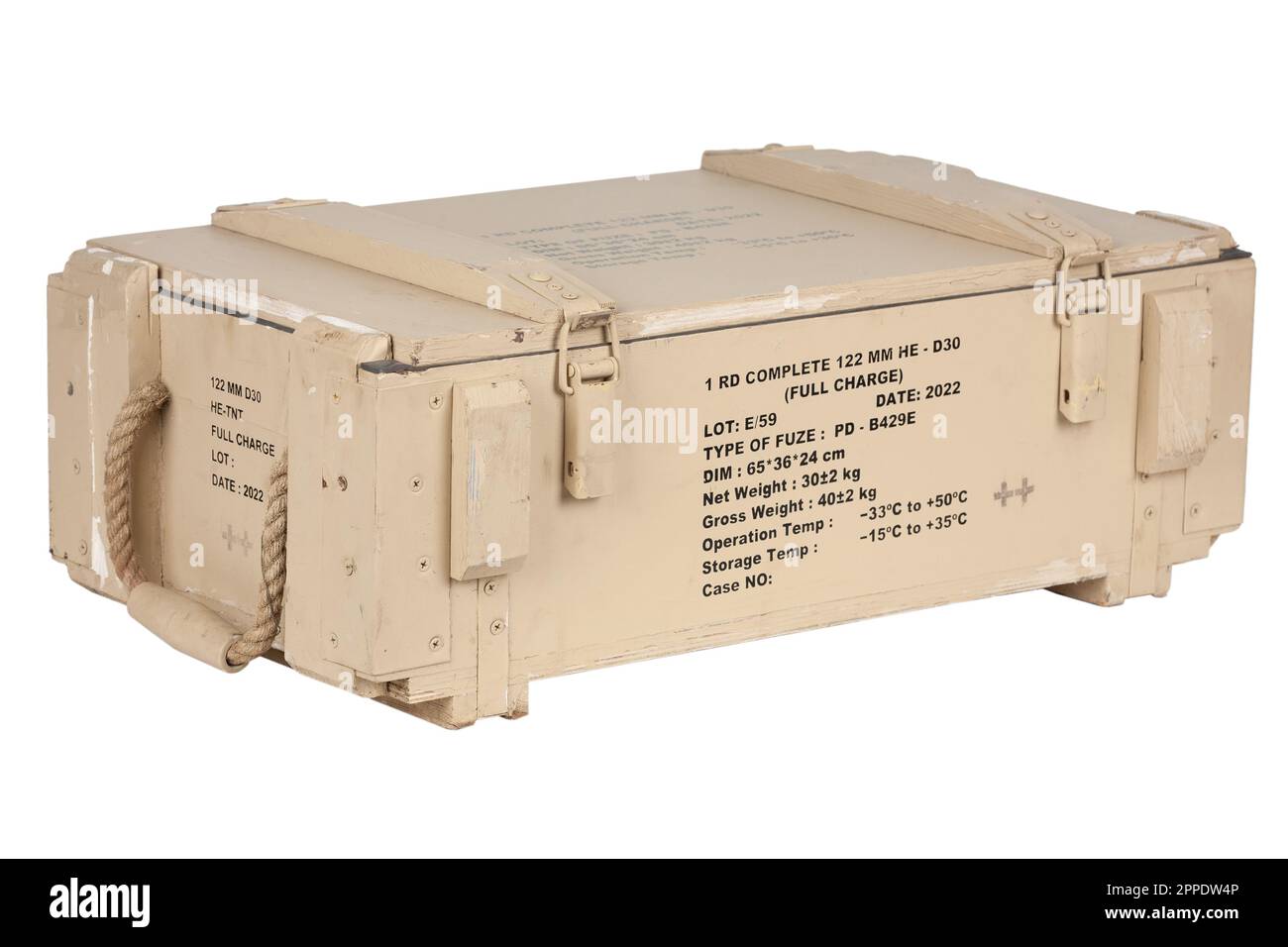 Army ammunition yellow coloured wooden crate. Isolated on white ...