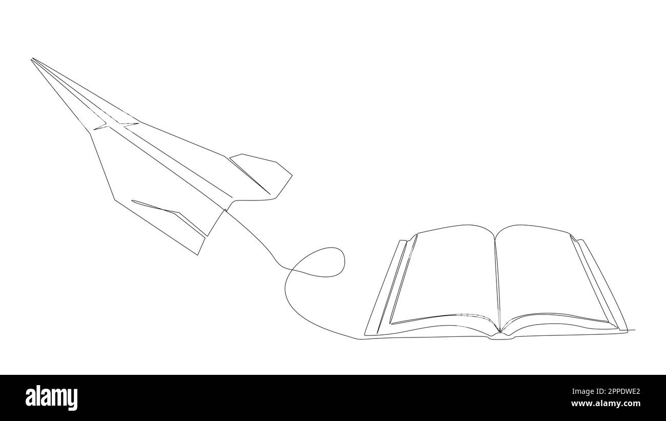 One Continuous Line Of Book With Paper Airplane Thin Line Illustration Vector Concept Contour