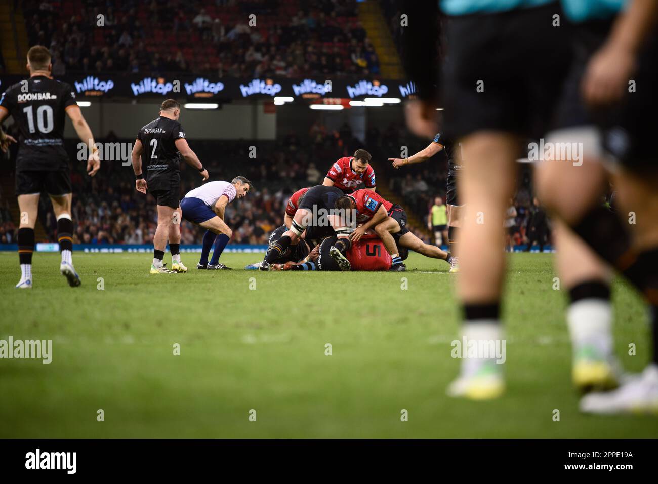Cardiff, Wales. 22nd April 2023. Players in a ruck during URC Welsh ...