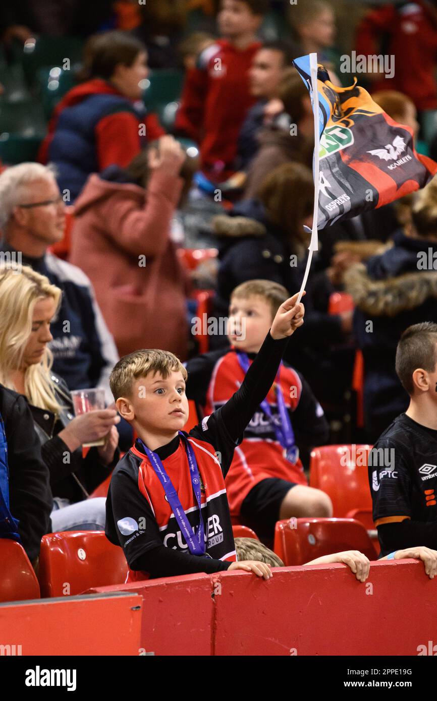 Cardiff, Wales. 22nd April 2023. Young spectator during URC Welsh ...