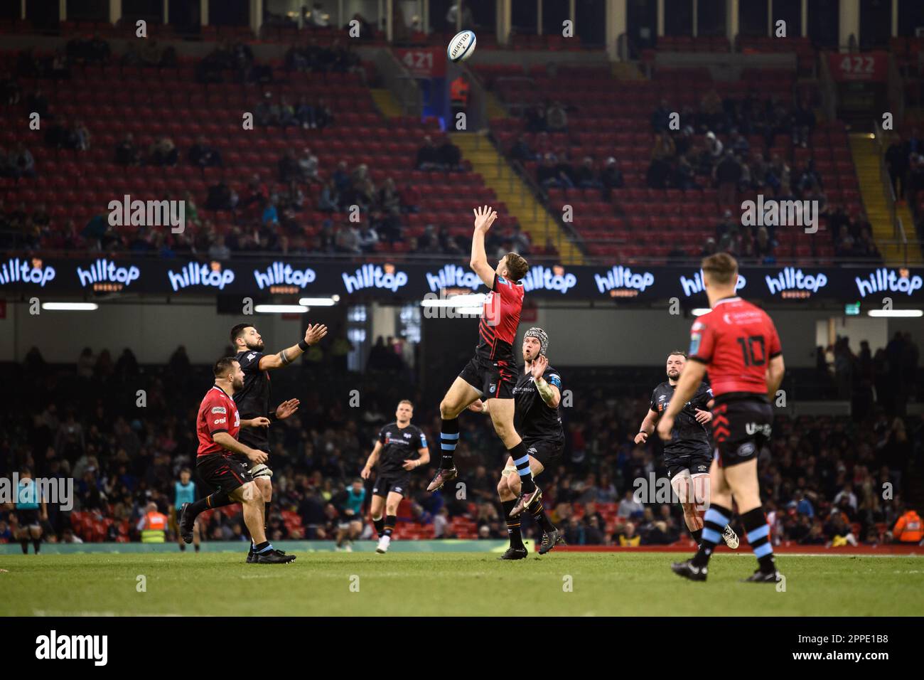 Cardiff, Wales. 22nd April 2023. Max Llewellyn jumps to catch ball ...