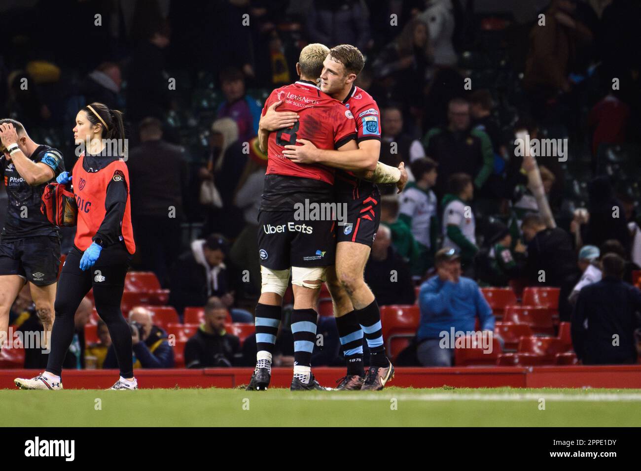 Cardiff, Wales. 22nd April 2023. Taulupe Faletau and Max Llewellyn hug ...