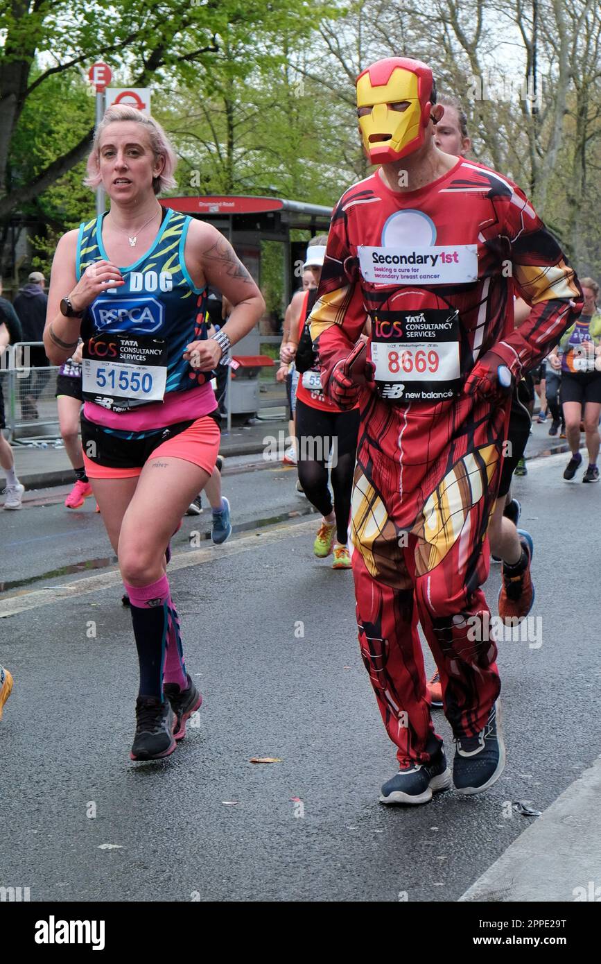 London, UK. 23rd April, 2023. Runners proceed along Jamaica Road, the ...