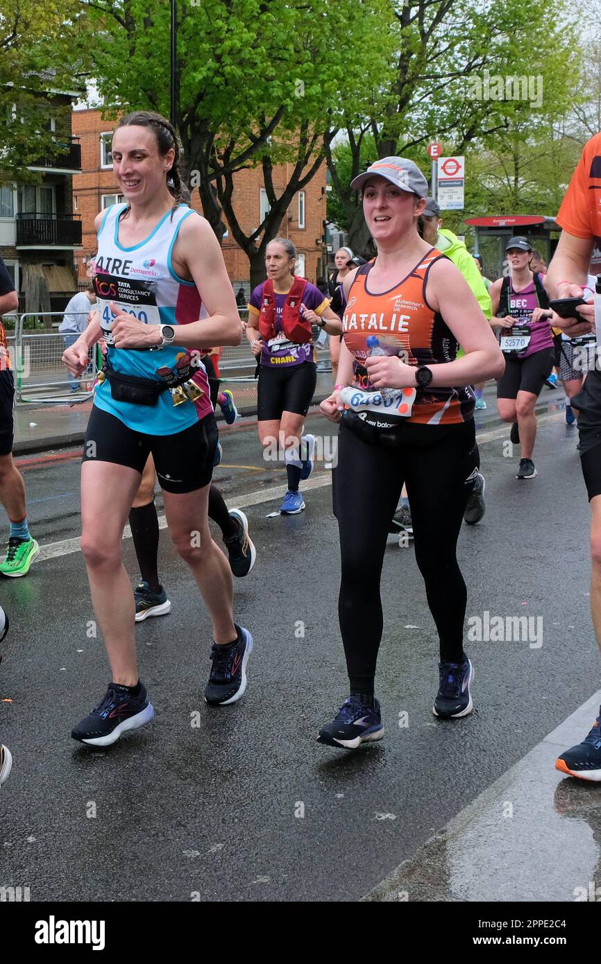 London, UK. 23rd April, 2023. Runners proceed along Jamaica Road, the ...